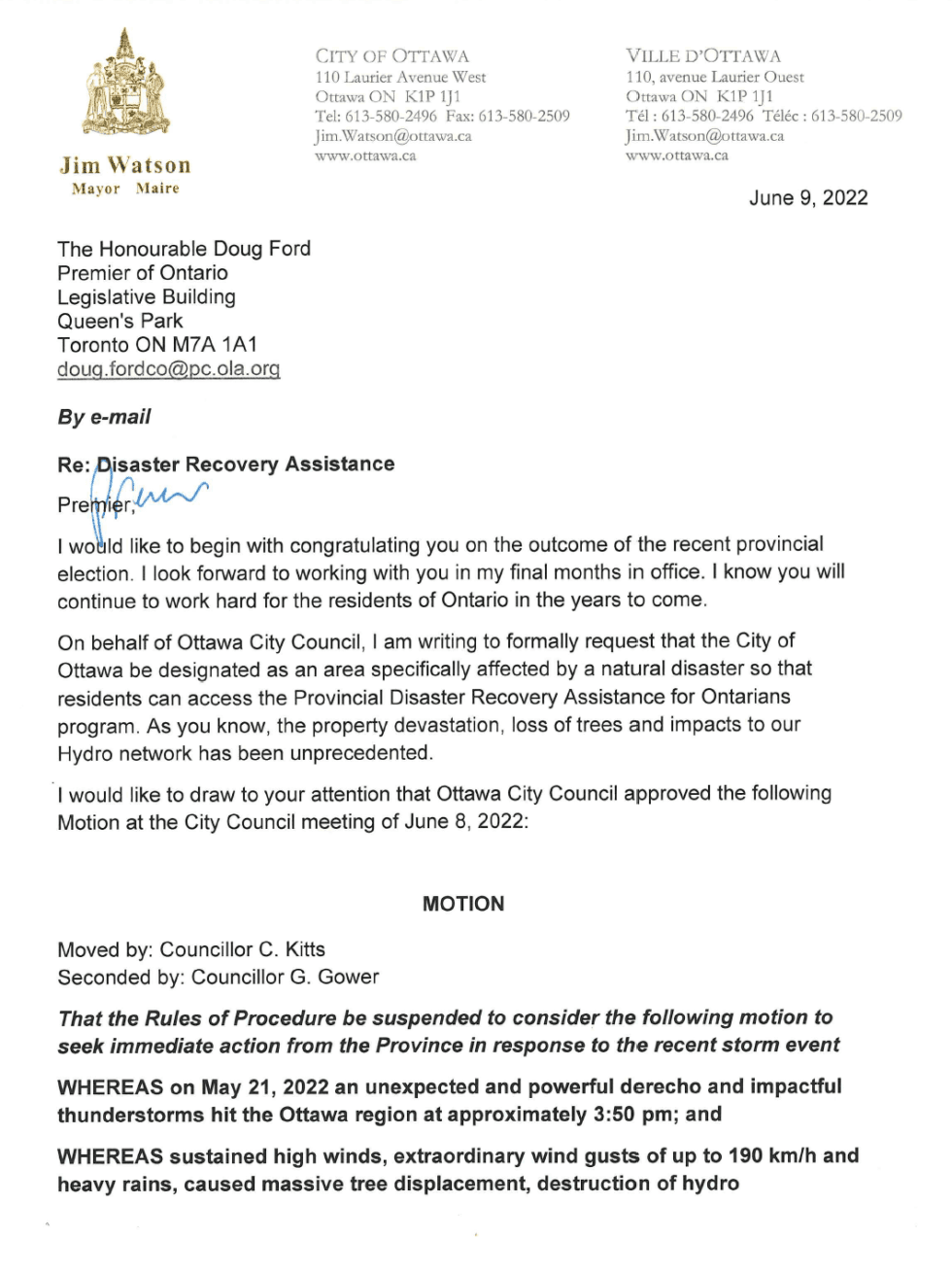Letter from Mayor Watson to Premier Ford about Disaster Recovery ...